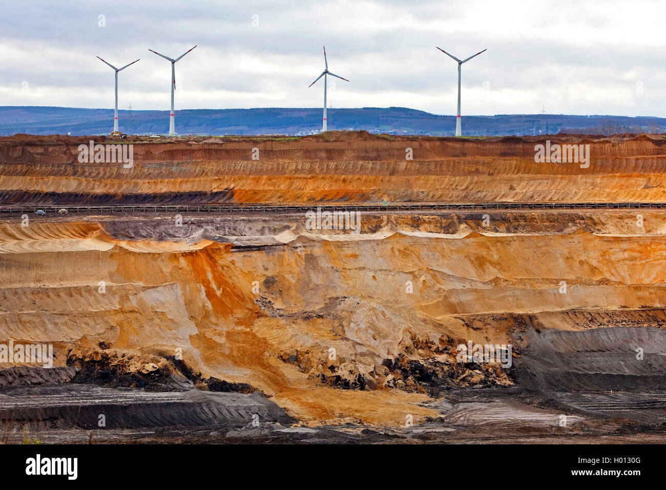 brown coal surface mining Inden and wind wheels, Germany, North Rhine ...