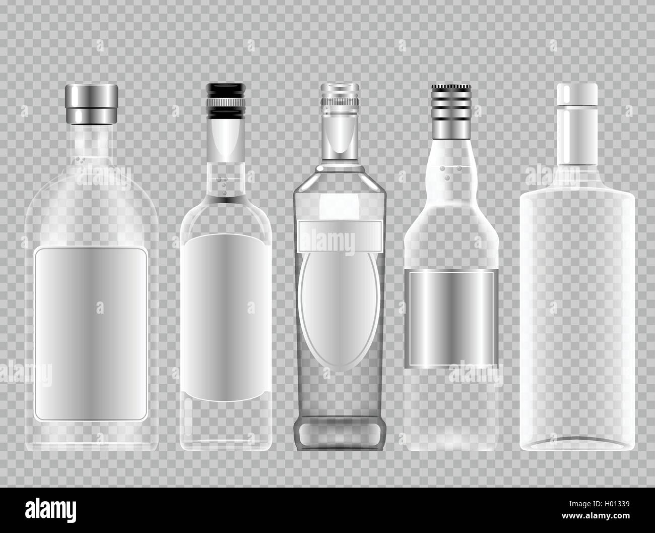 Vector set of transparent glass vodka alcohol bottle with caps for wine ...