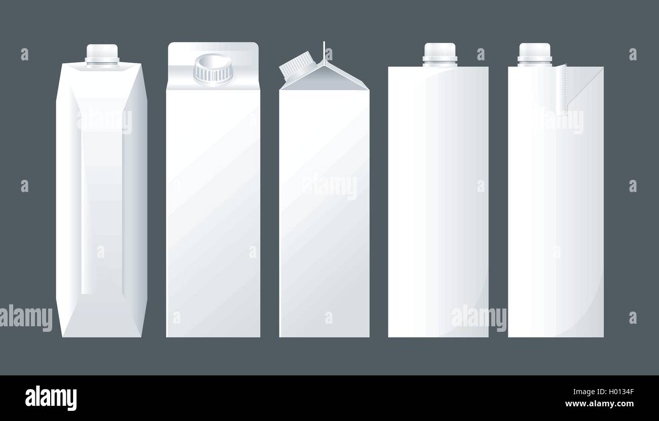 Vector set of white carton beverage pack for milk, juice and water ...
