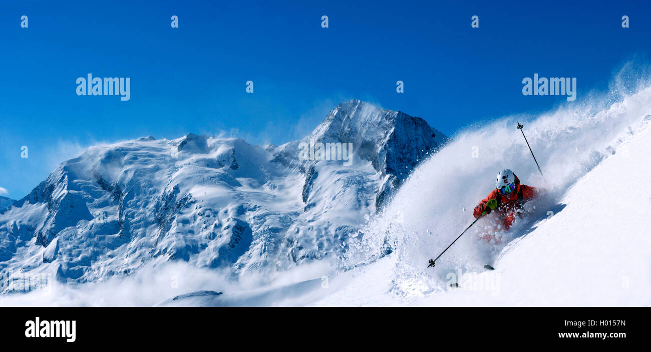 deep powder snow skiing in front of Mont Pourri, France, Savoie, Sainte ...