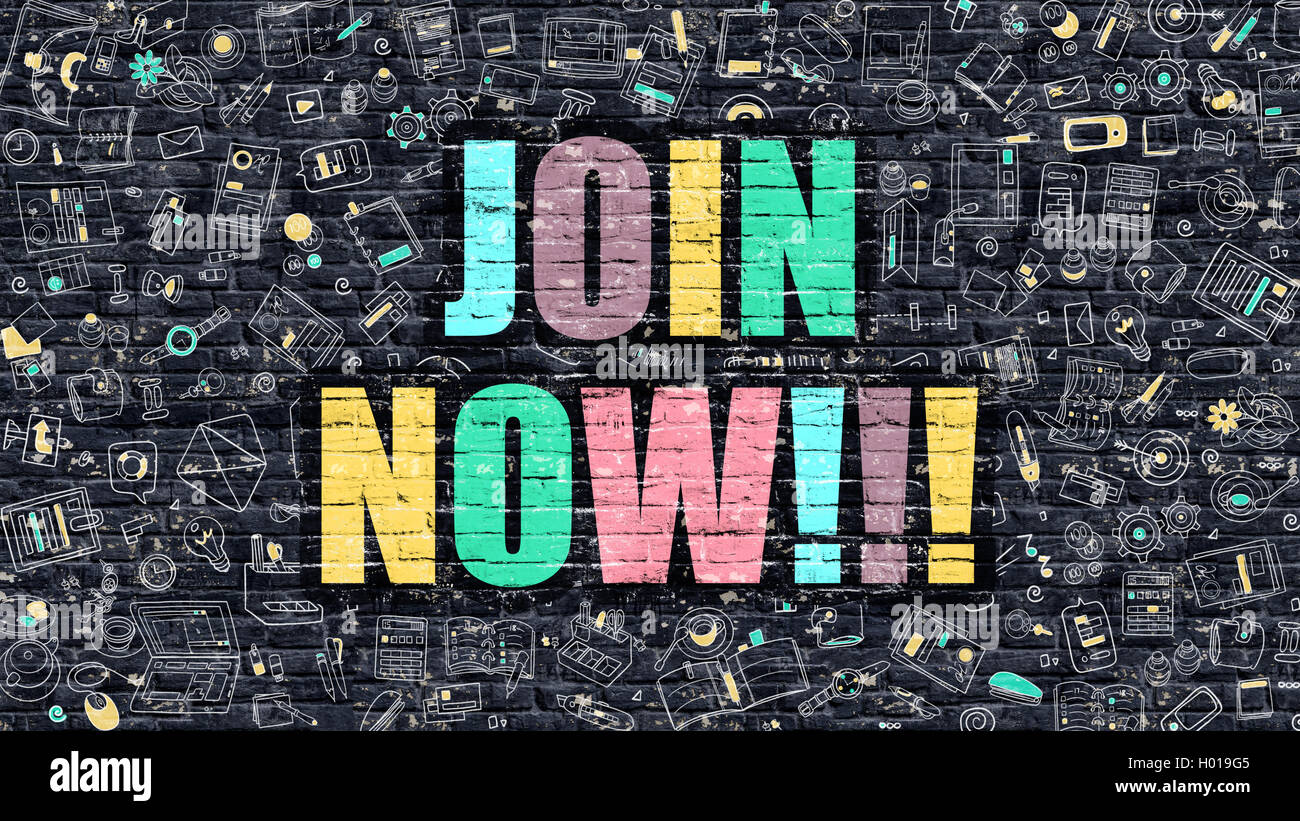 Join Now in Multicolor. Doodle Design Stock Photo - Alamy