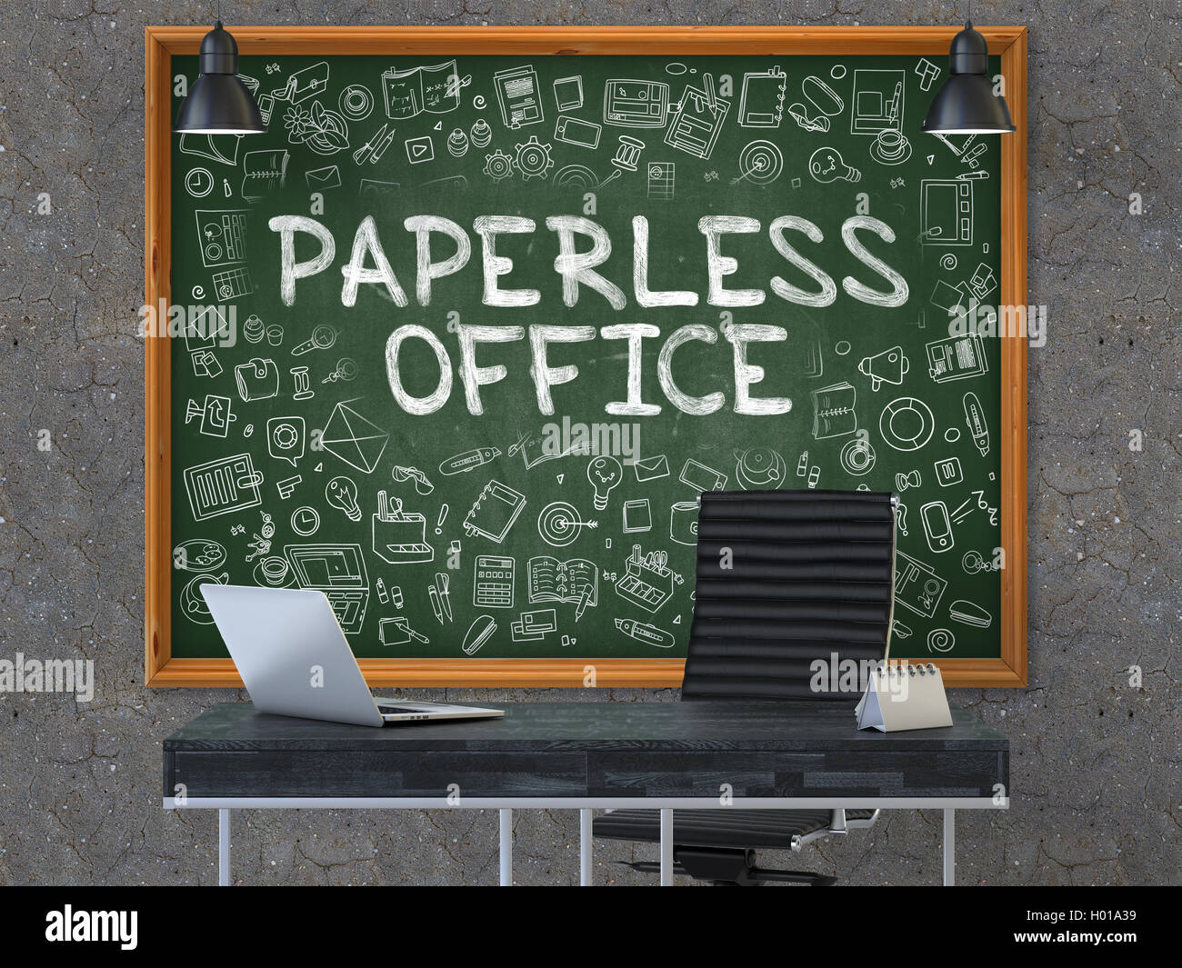 Paperless Office on Chalkboard with Doodle Icons. 3D Stock Photo - Alamy