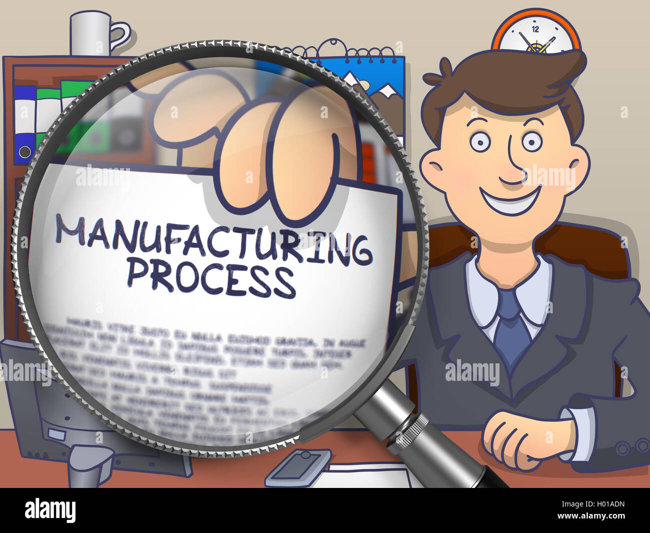 Manufacturing Process through Magnifier. Doodle Design Stock Photo - Alamy