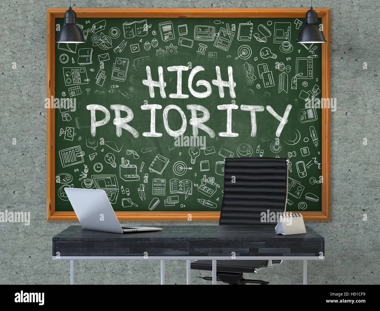 High Priority on Chalkboard with Doodle Icons. 3D Stock Photo - Alamy