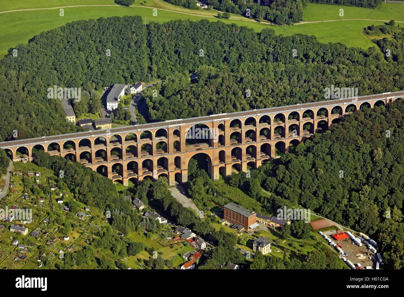 Goeltzsch Viaduct, largest brick-built bridge in the world, aerial view ...