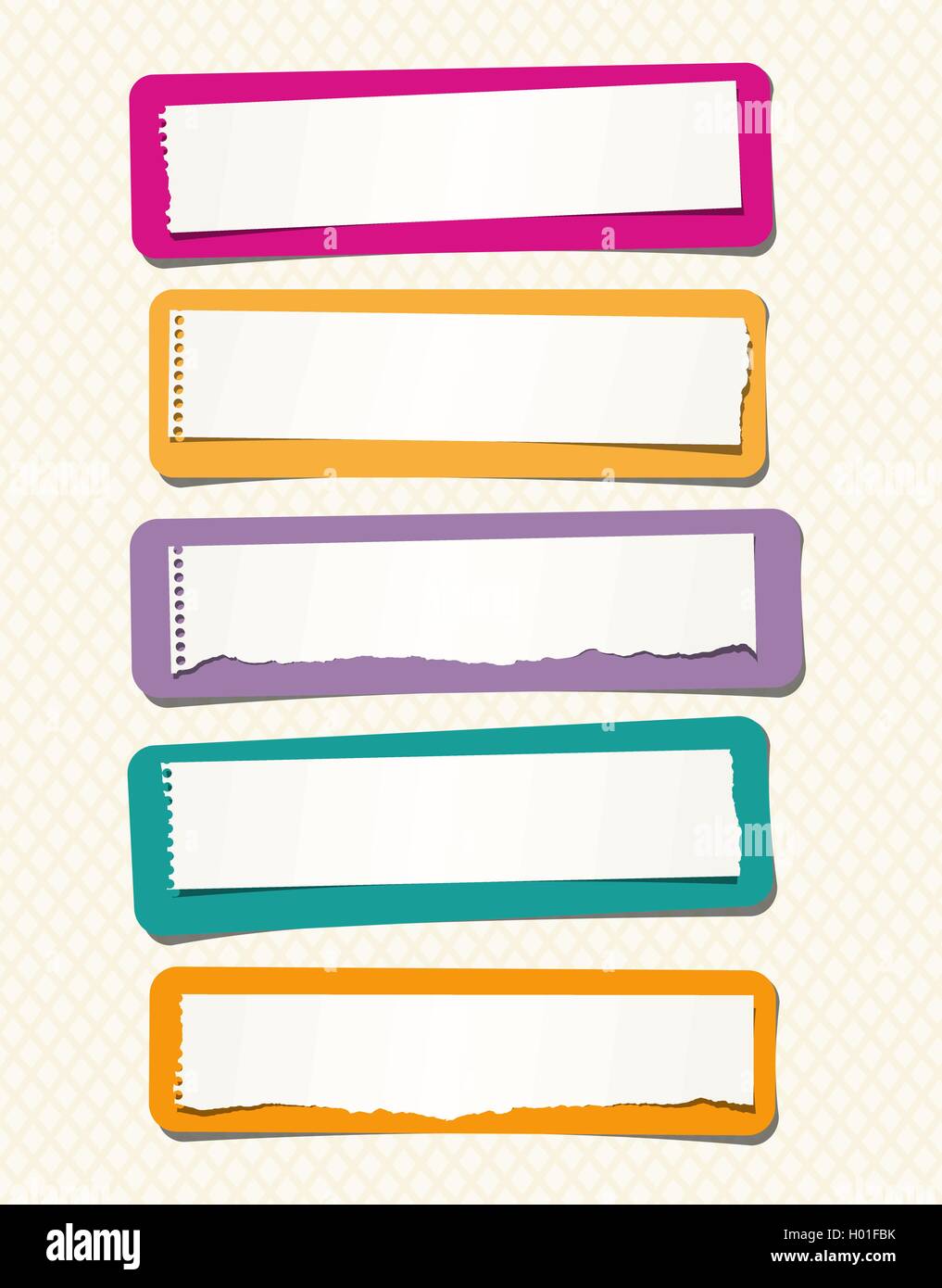 Pieces of ripped white blank note paper are stuck on colorful ...