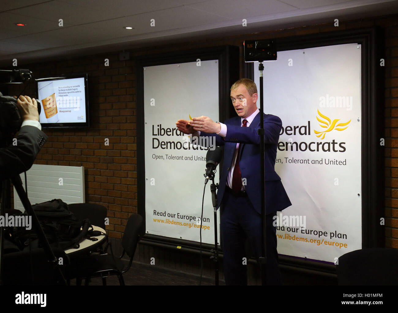 Liberal Democrat leader Tim Farron speaks to the media on the third day ...
