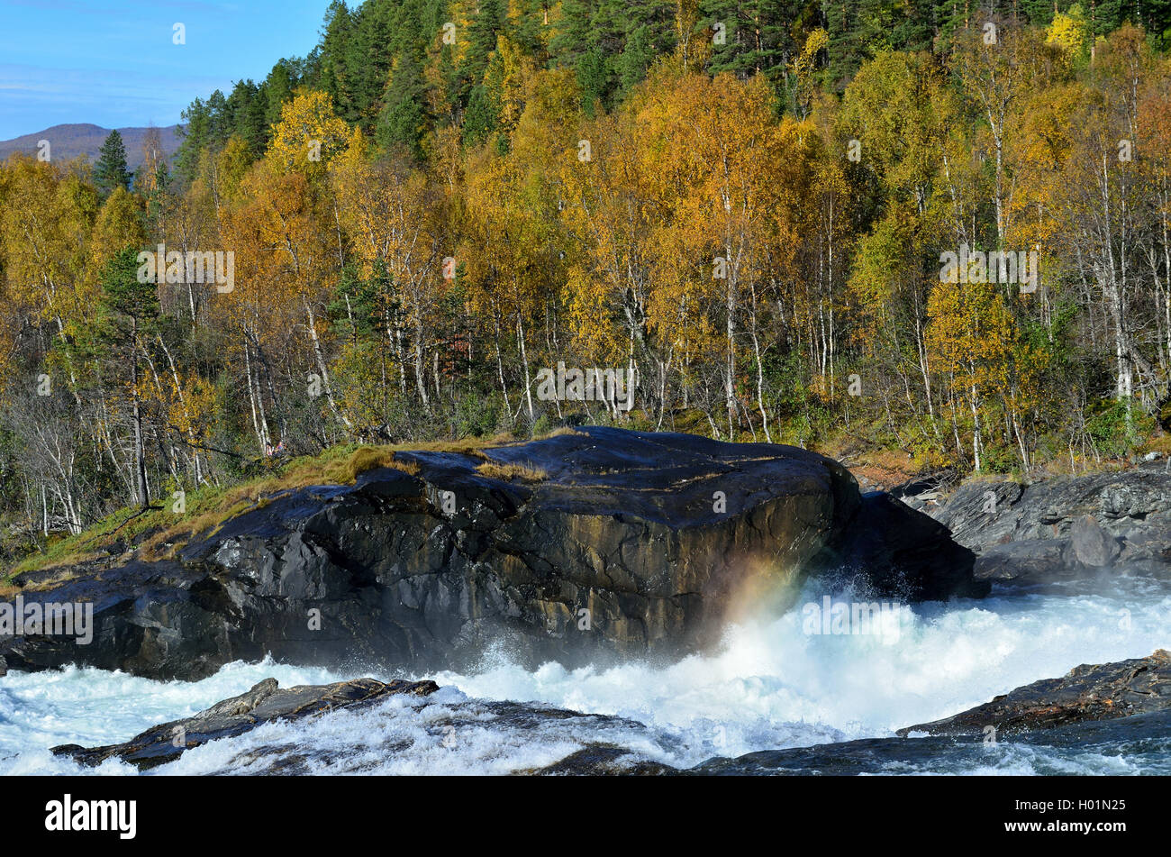 mighty waterfall in autumn with colorful forest and small rainbow ...