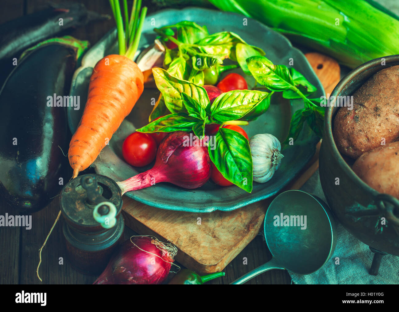 Various vegetables on rustic table Stock Photo - Alamy