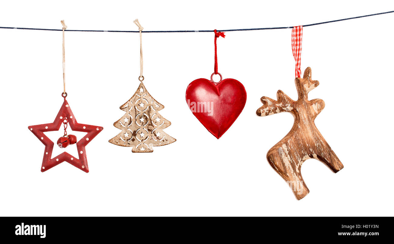 Vintage Christmas decorations hanging on string isolated Stock Photo ...