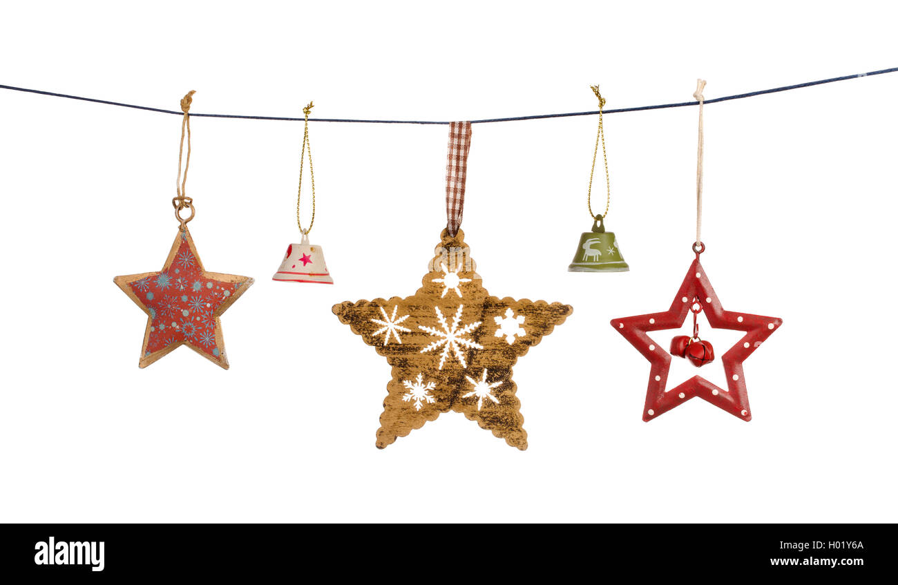 Vintage Christmas stars and bells hanging on string isolated Stock ...