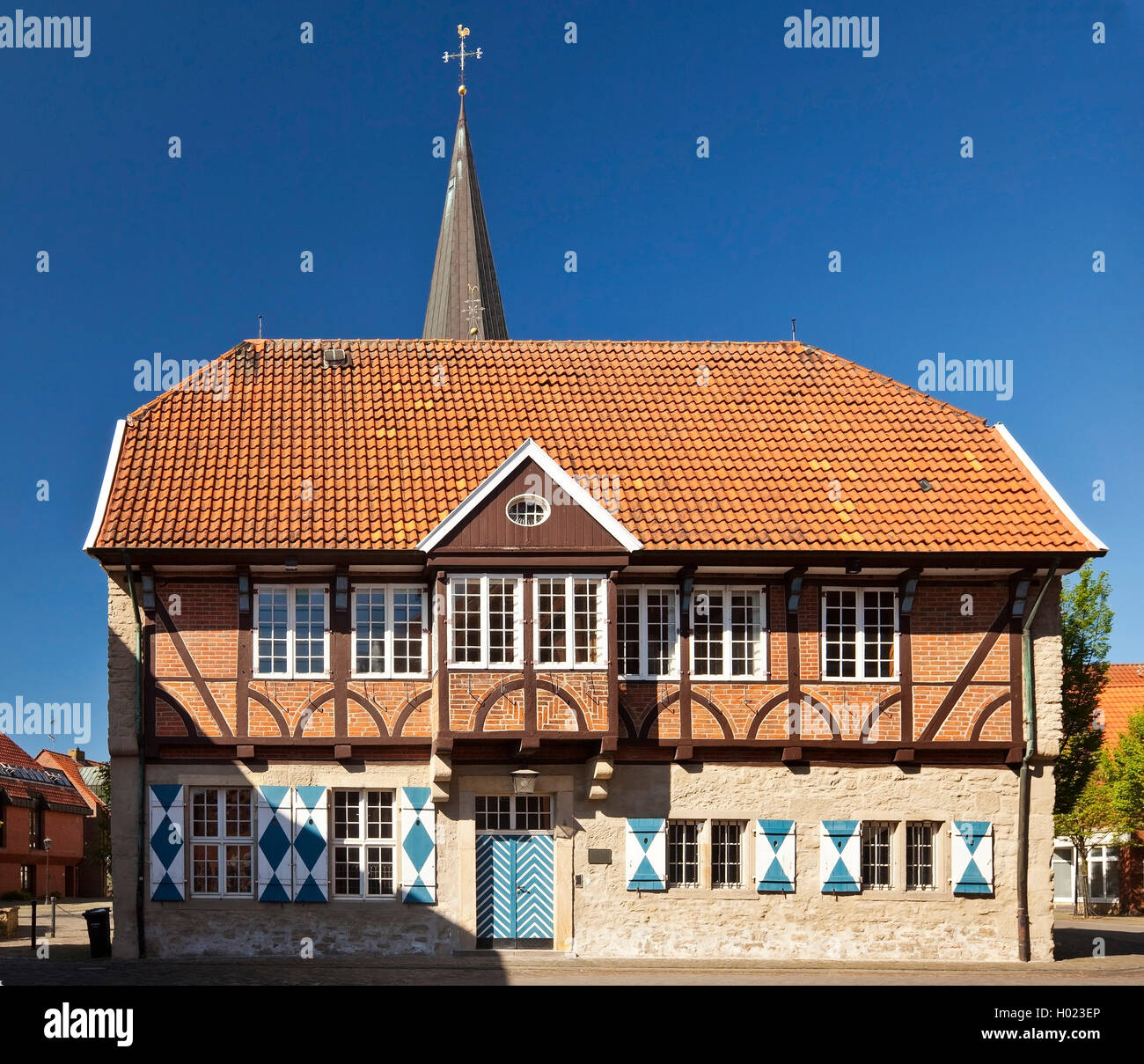 old town hall and steeple of St. Gertrud in Horstmar, Germany, North ...