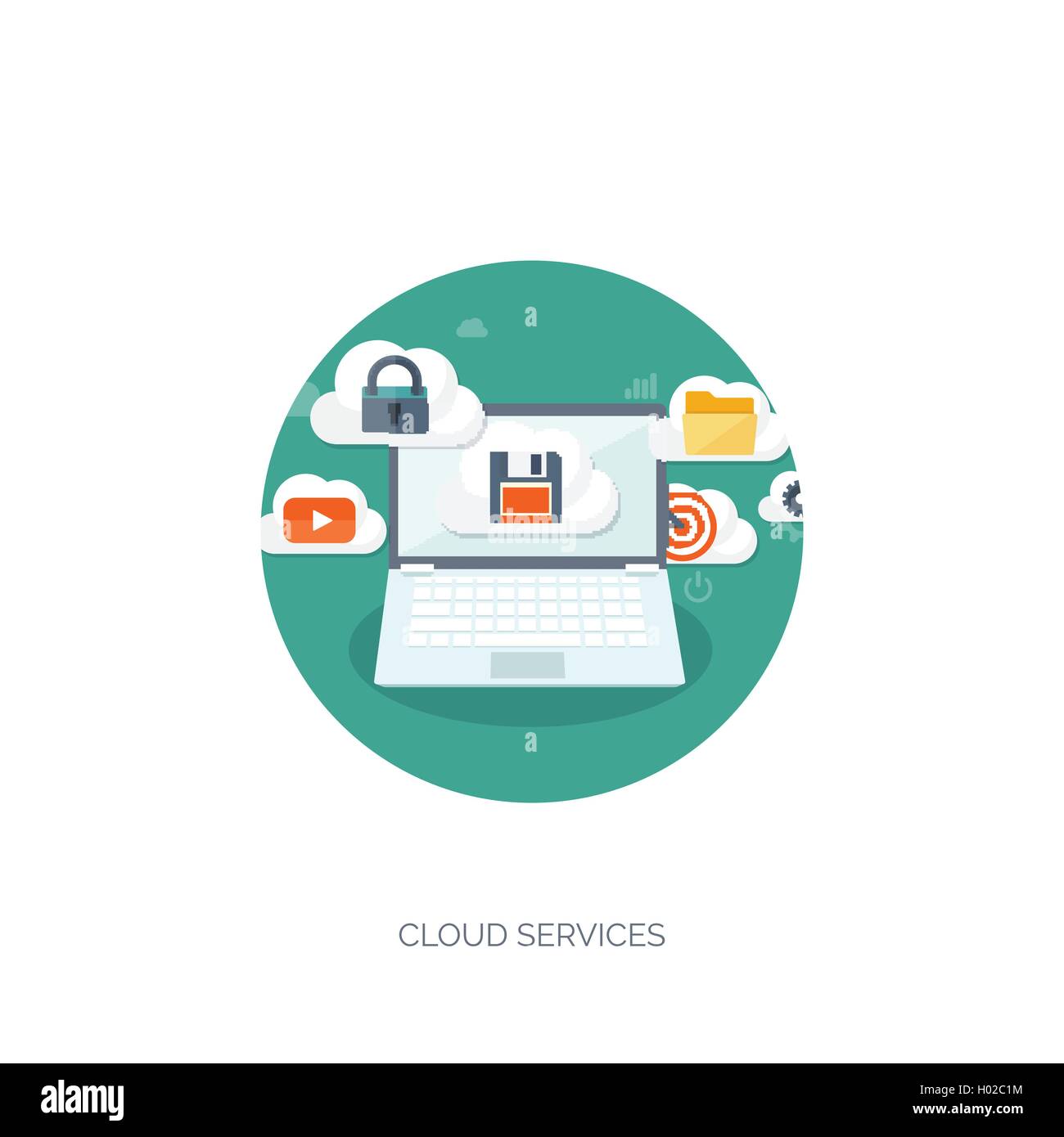 Vector illustration. Flat cloud computing background. Data storage network technology ...