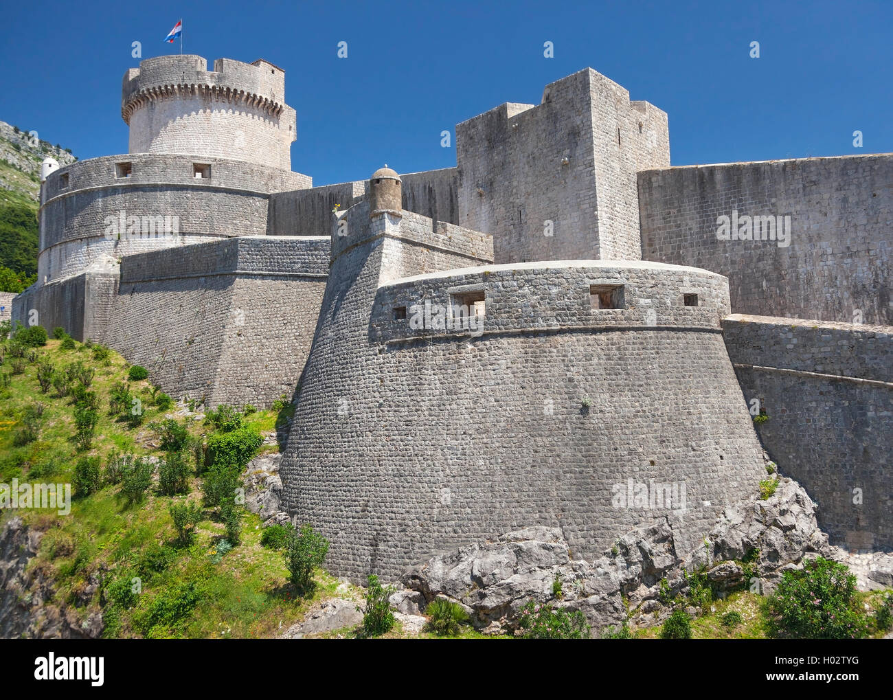 Minceta tower on old walls of Dubrovnik, Croatia. Tower is highest ...