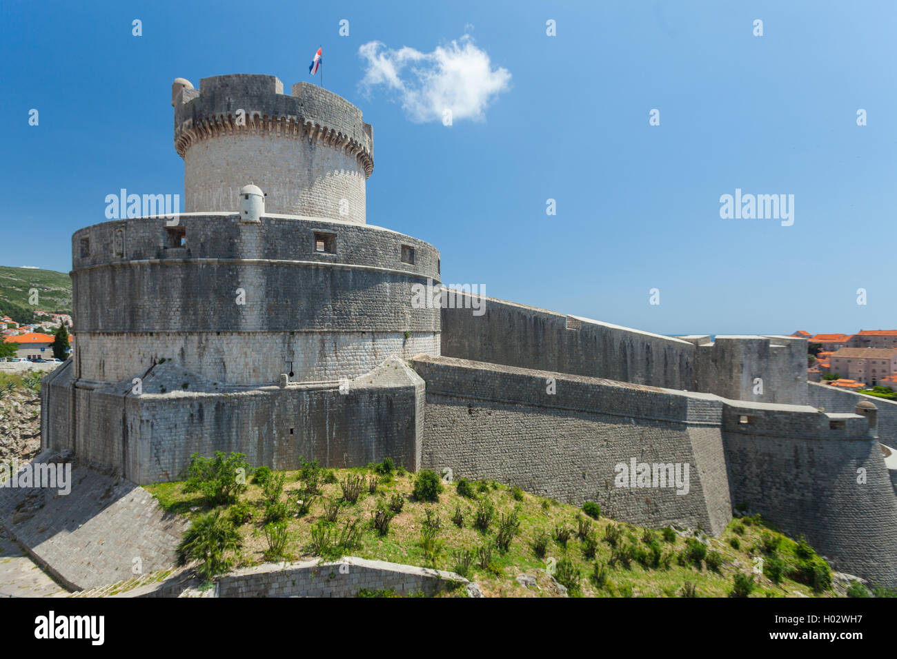 Minceta tower on old walls of Dubrovnik, Croatia. Tower is highest ...