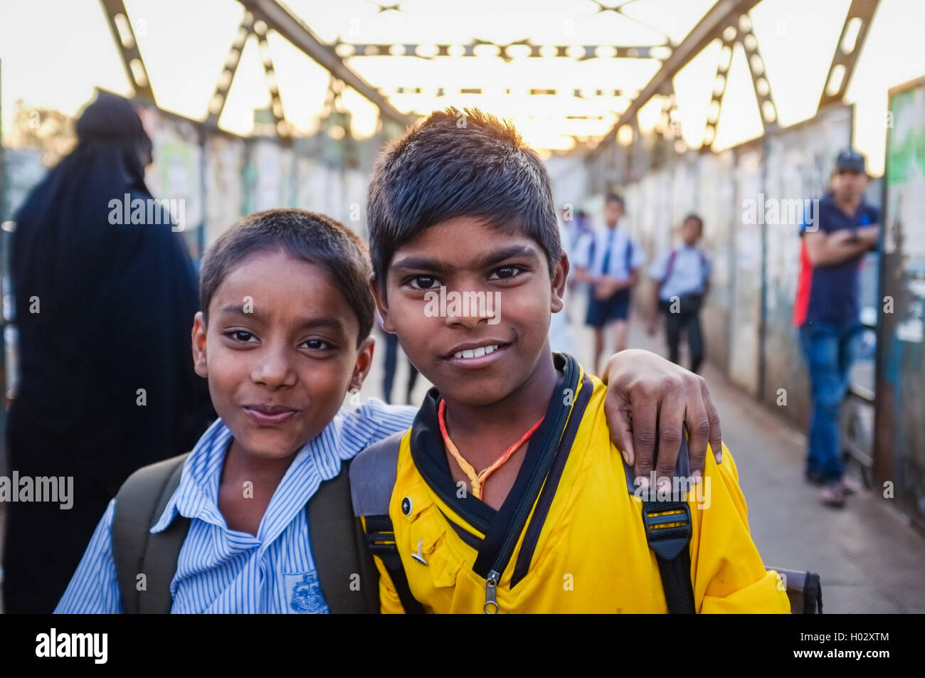 MUMBAI, INDIA - 12 JANUARY 2015: Indian school boys in Dharavi slum ...