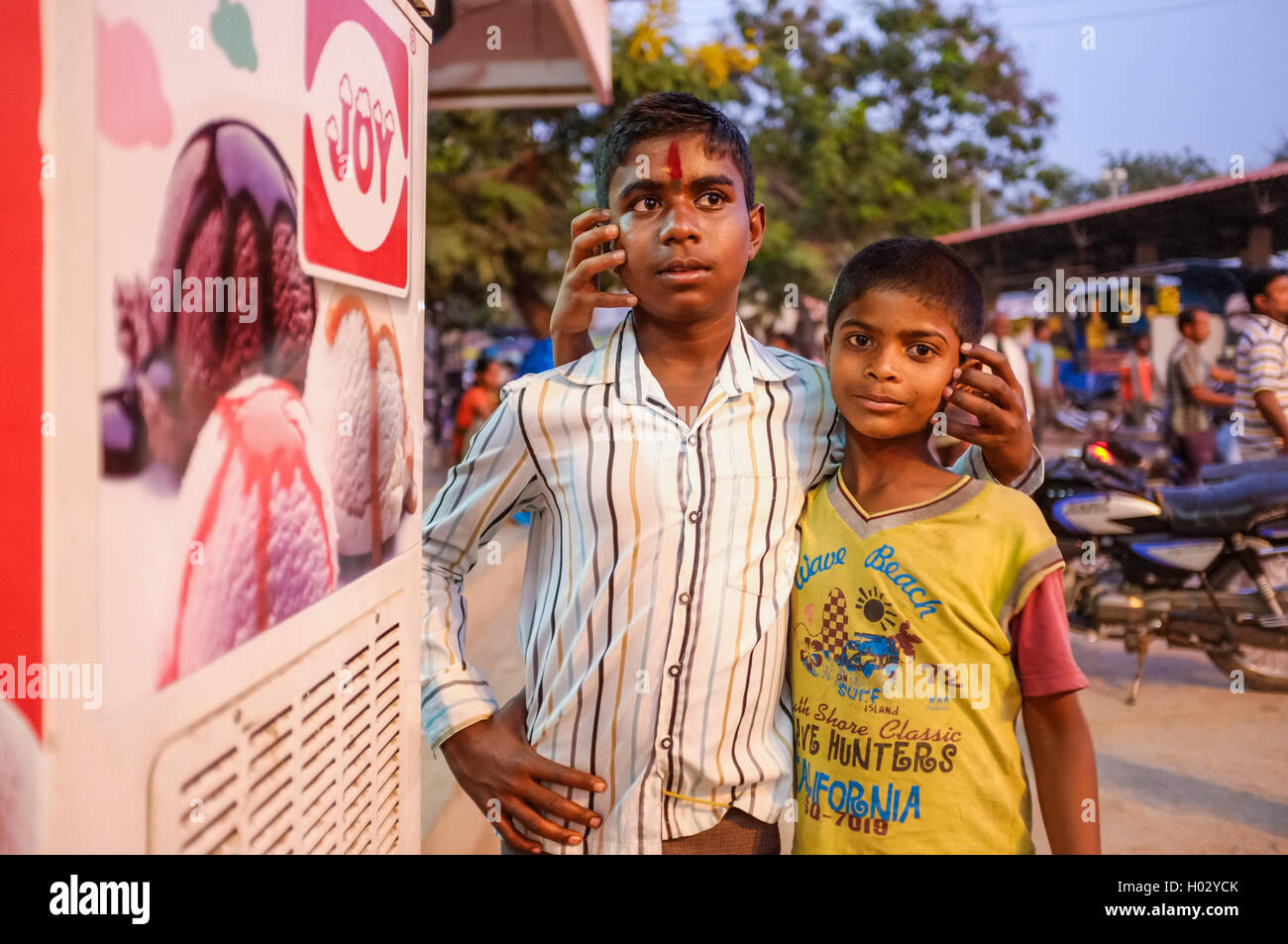 KAMALAPURAM, INDIA - 02 FEBRUARY 2015: Two Indian brothers hugging in ...