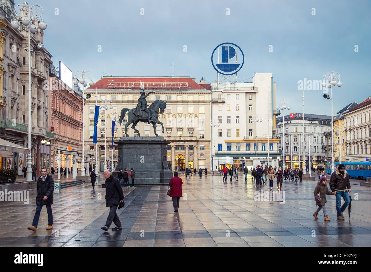 ZAGREB, CROATIA - 11 MARCH 2015: Zagreb's main square with Ban Josip ...