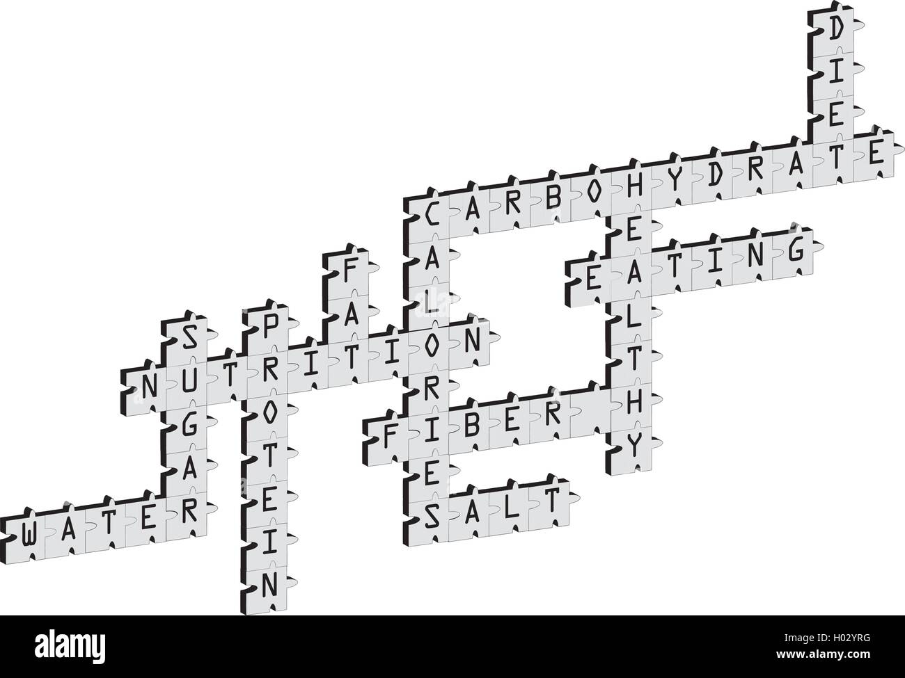 Components of nutrition and healthy eating in 3D jiigsaw puzzle pieces ...