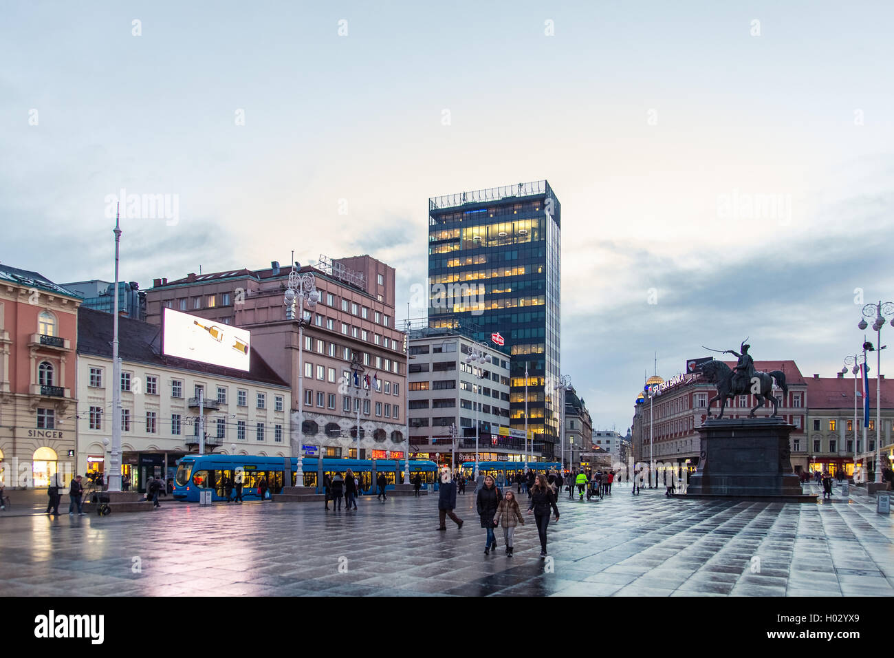 ZAGREB, CROATIA - 11 MARCH 2015: Zagreb's main square with Ban Josip ...