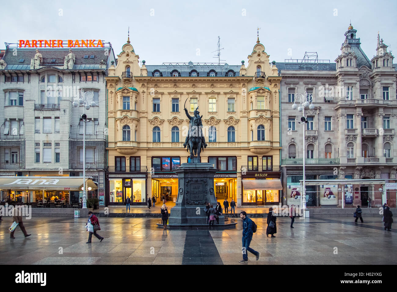 ZAGREB, CROATIA - 11 MARCH 2015: Zagreb's main square with Ban Josip ...