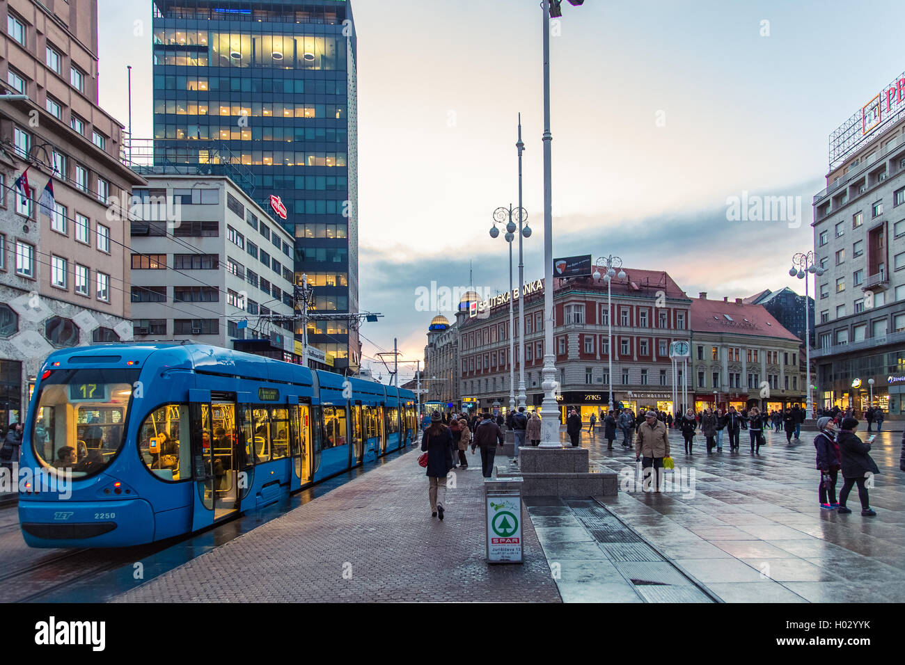 ZAGREB, CROATIA - 11 MARCH 2015: Zagreb's main square with Ban Josip ...