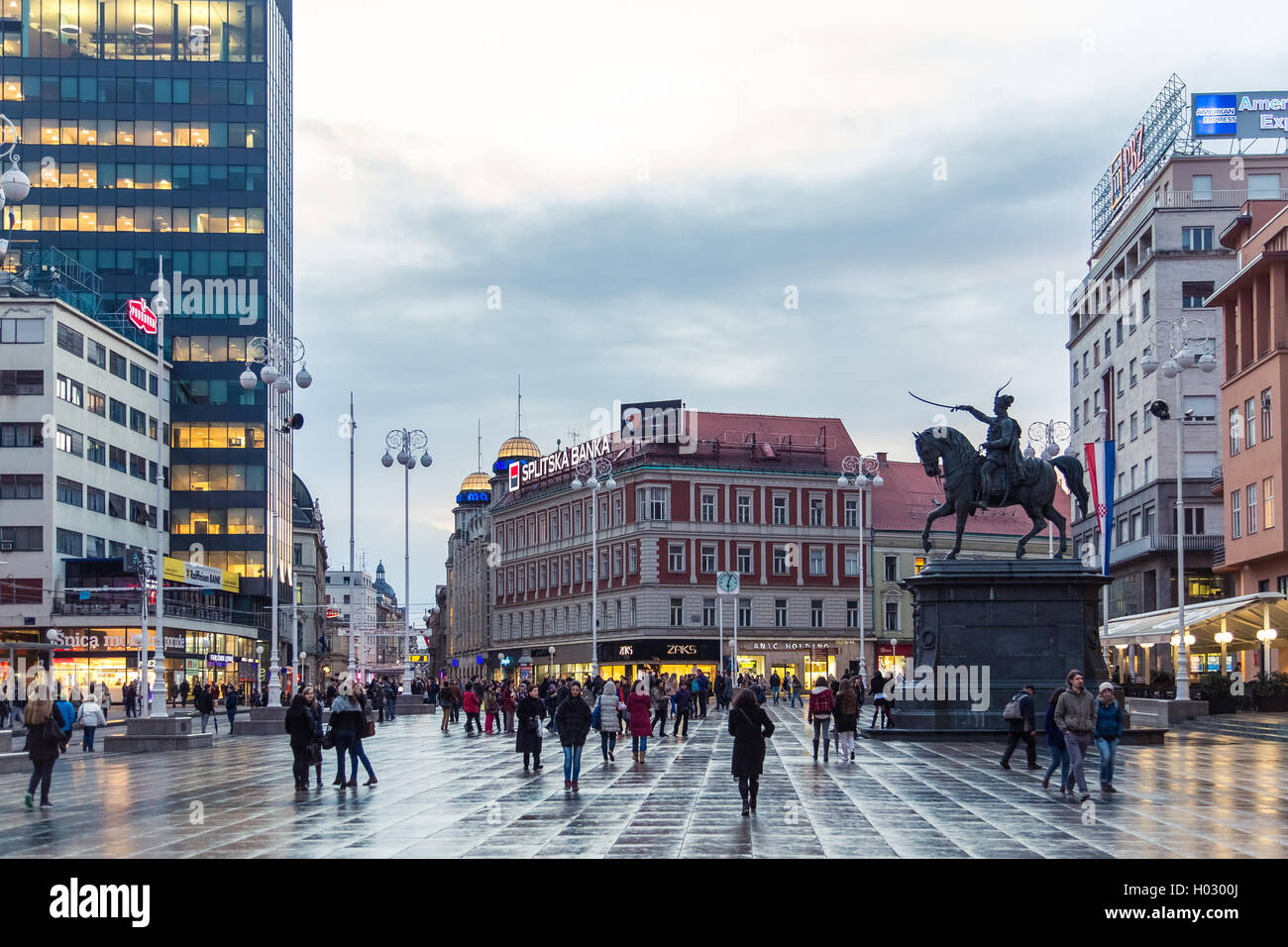 ZAGREB, CROATIA - 11 MARCH 2015: Zagreb's main square with Ban Josip ...