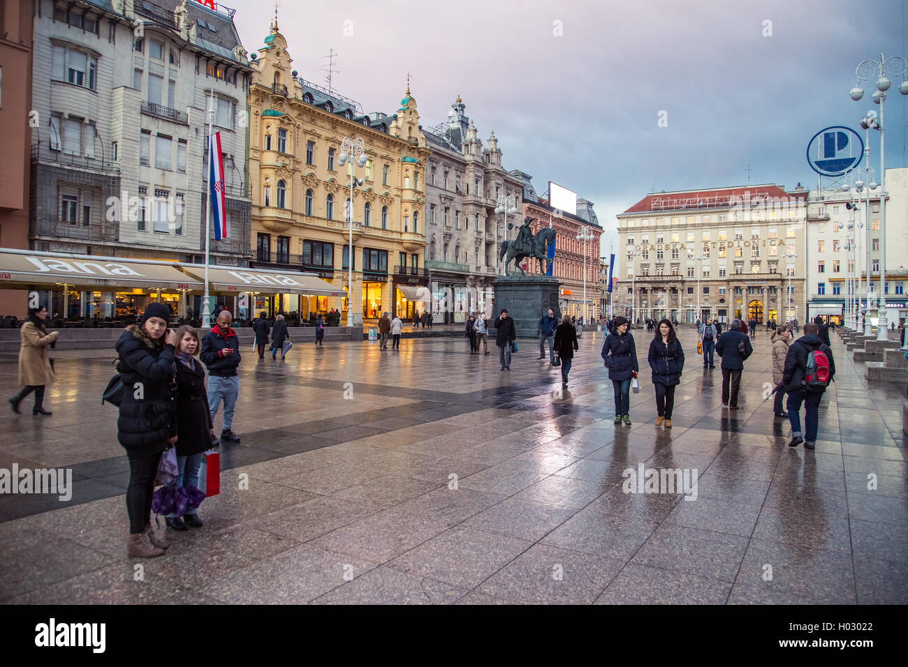 ZAGREB, CROATIA - 11 MARCH 2015: Zagreb's main square with Ban Josip ...