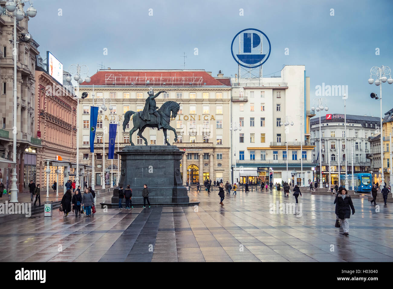 ZAGREB, CROATIA - 11 MARCH 2015: Zagreb's main square with Ban Josip ...