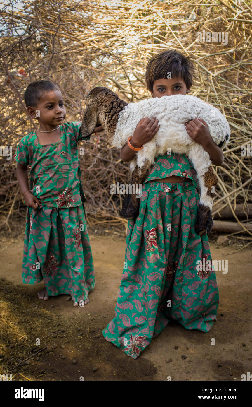 GODWAR REGION, INDIA - 13 FEBRUARY 2015: Two little Rabari girls in ...