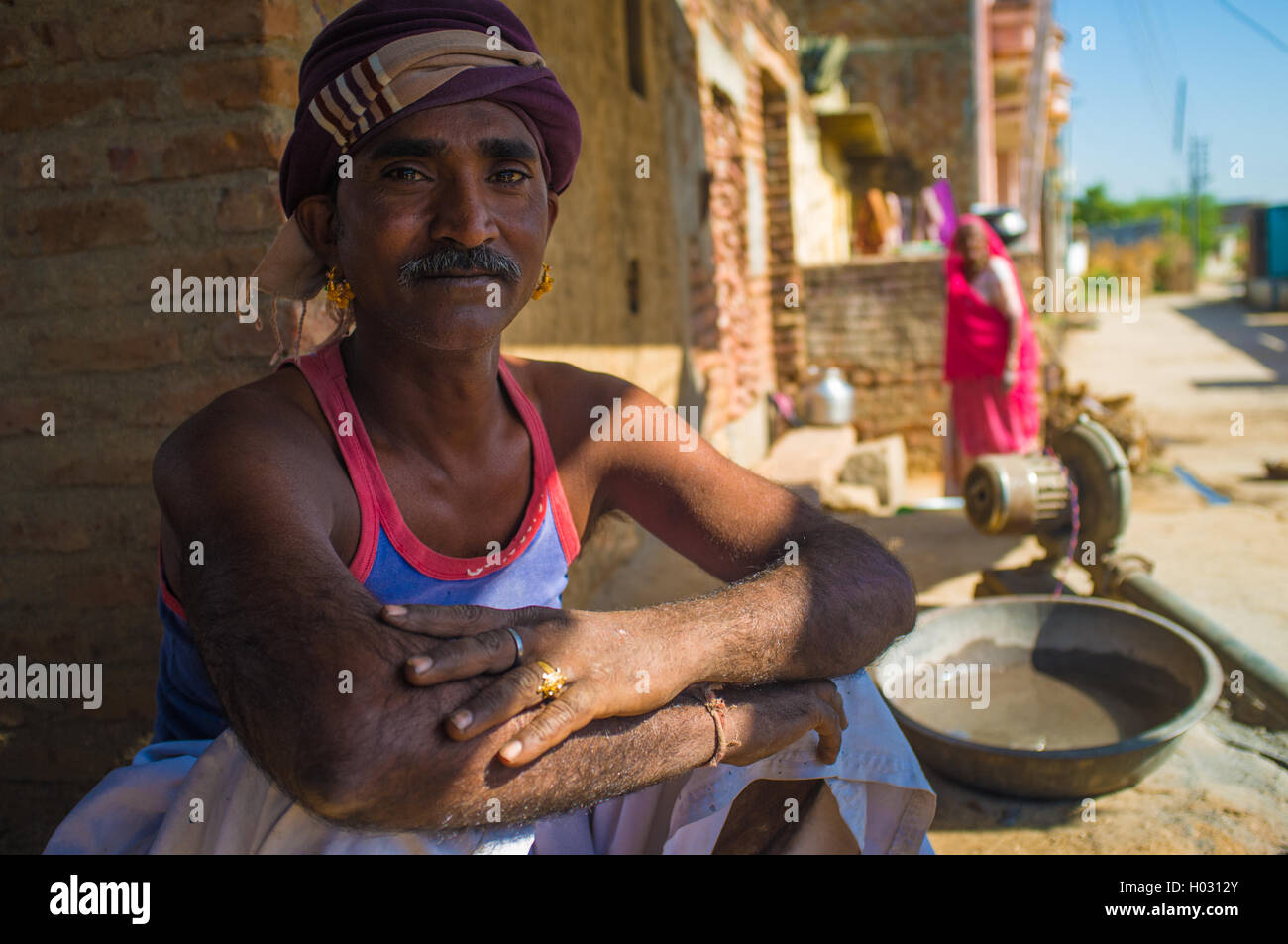 GODWAR REGION, INDIA - 14 FEBRUARY 2015: Mechanic with mustache wearing ...