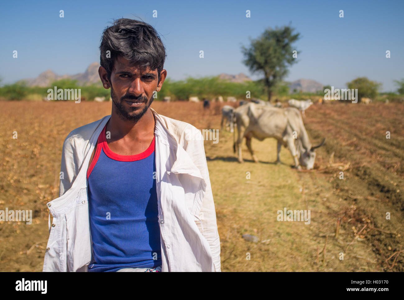 GODWAR REGION, INDIA - 14 FEBRUARY 2015: Young Rabari shepherd with no ...
