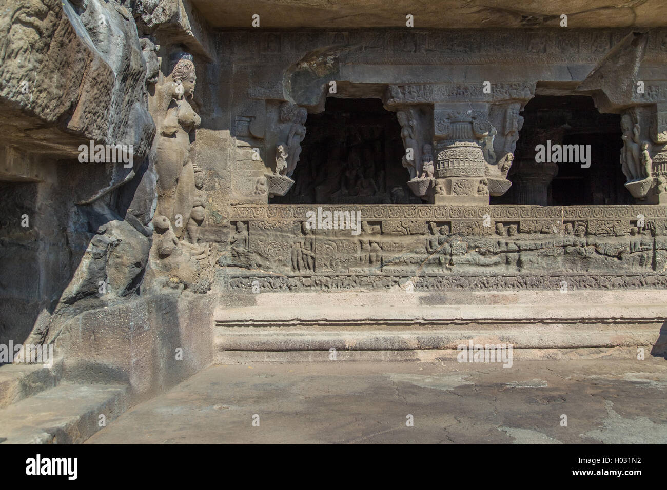 ELLORA, INDIA - 14 JANUARY 2015: Ellora Caves is an archaeological site ...