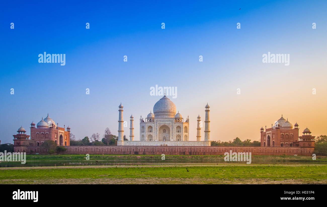 Panorama of the Taj Mahal from north side across the Yamuna river at ...