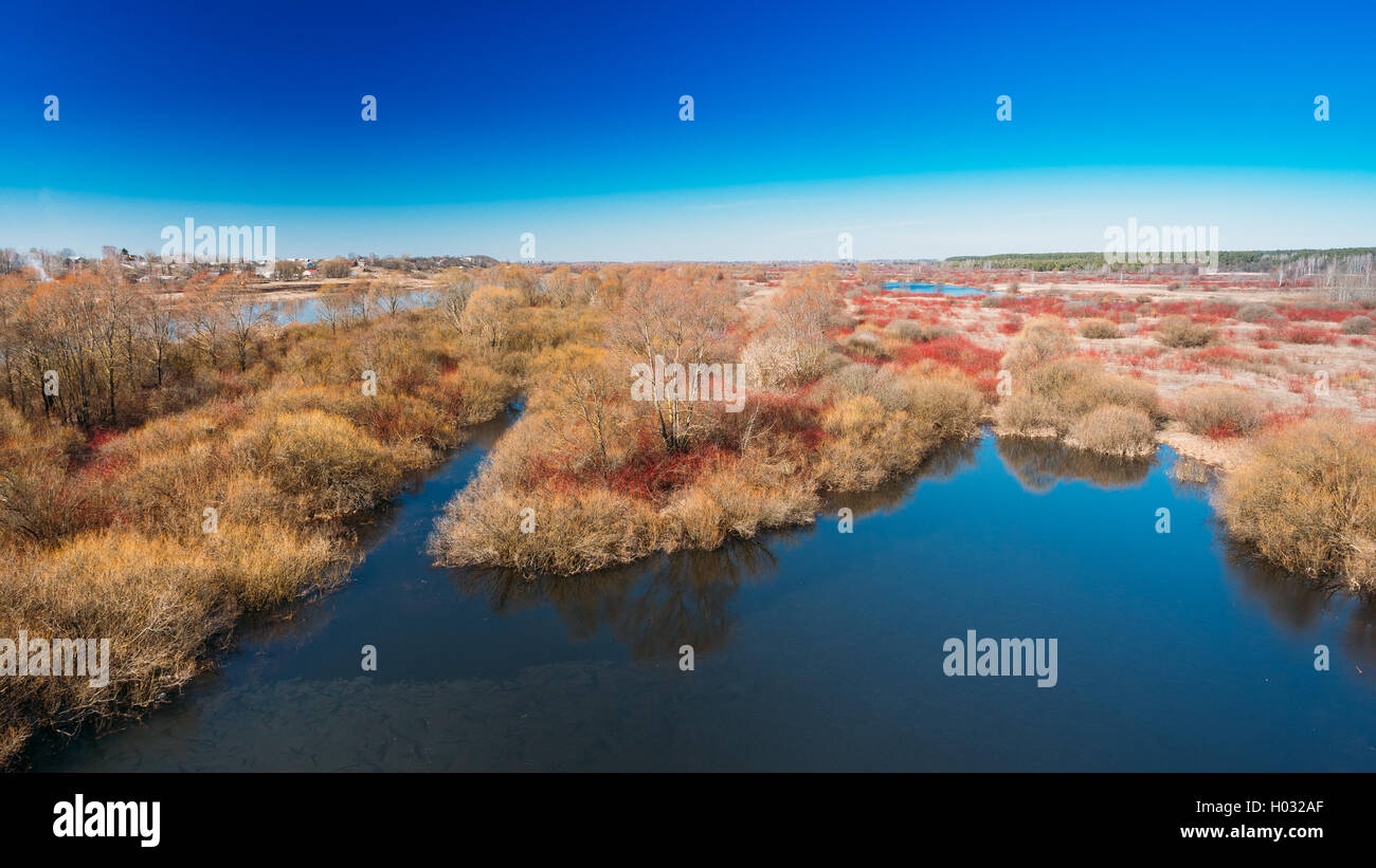 Panorama Spills Of River In Spring Season In Belarus. Sunny Spring Day ...