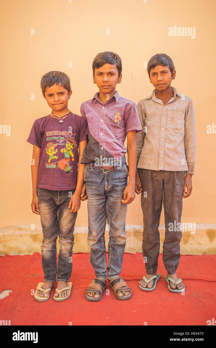 GODWAR REGION, INDIA - 15 FEBRUARY 2015: Three Indian boys pose in ...