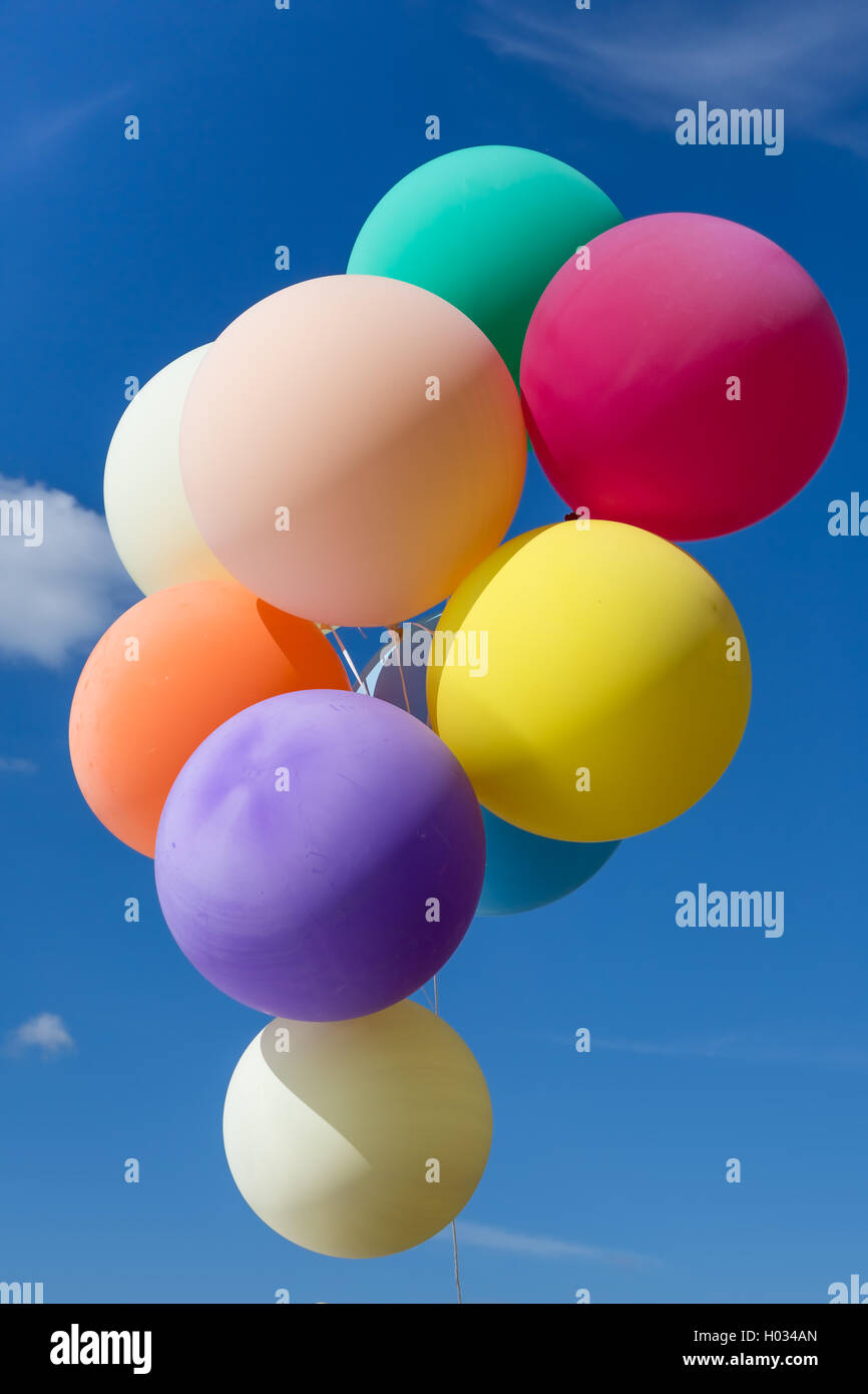 Colourful balloons filled with helium floating on blue sky background ...