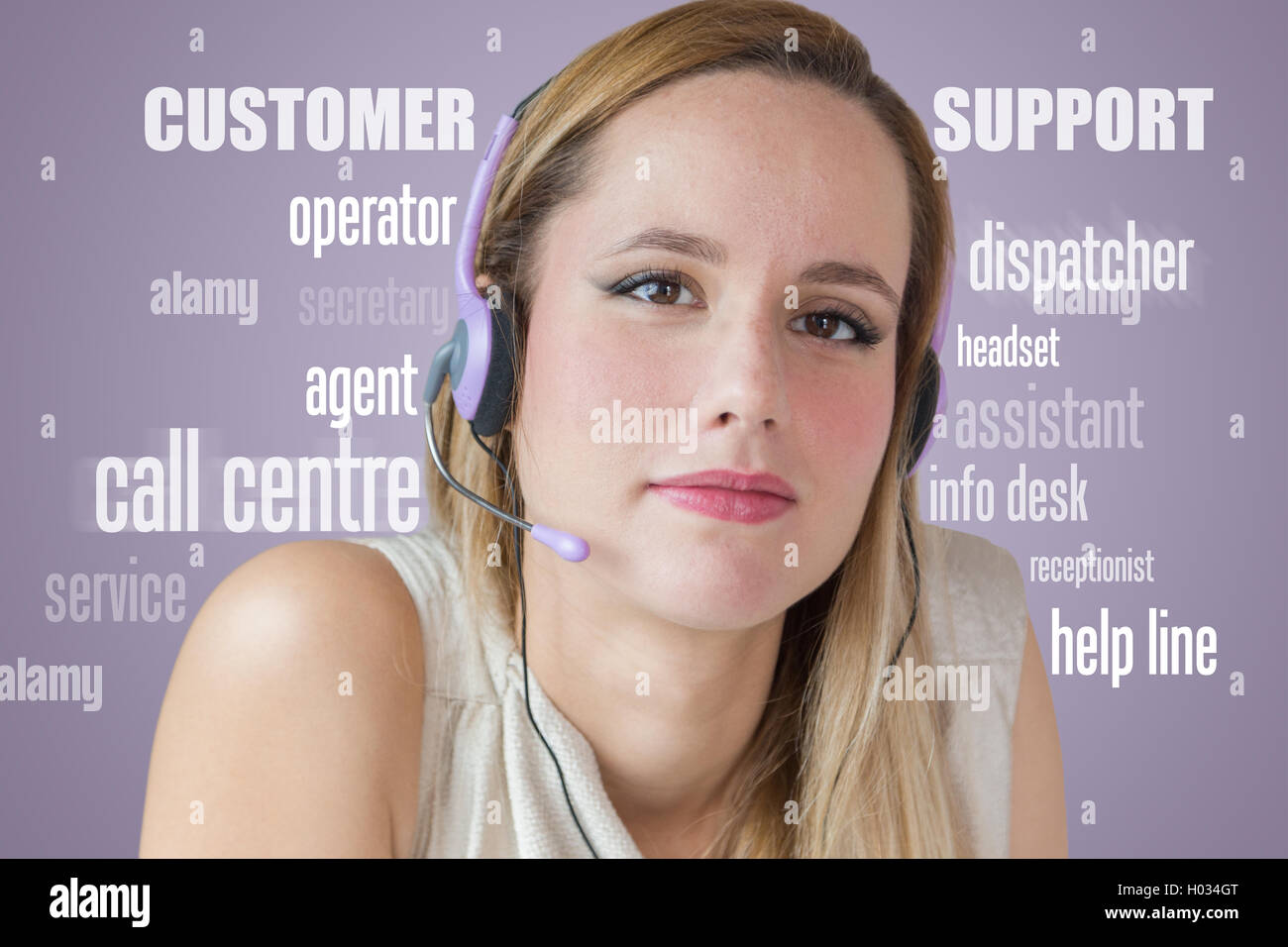 Portrait of attractive blonde woman with headset on violet background ...
