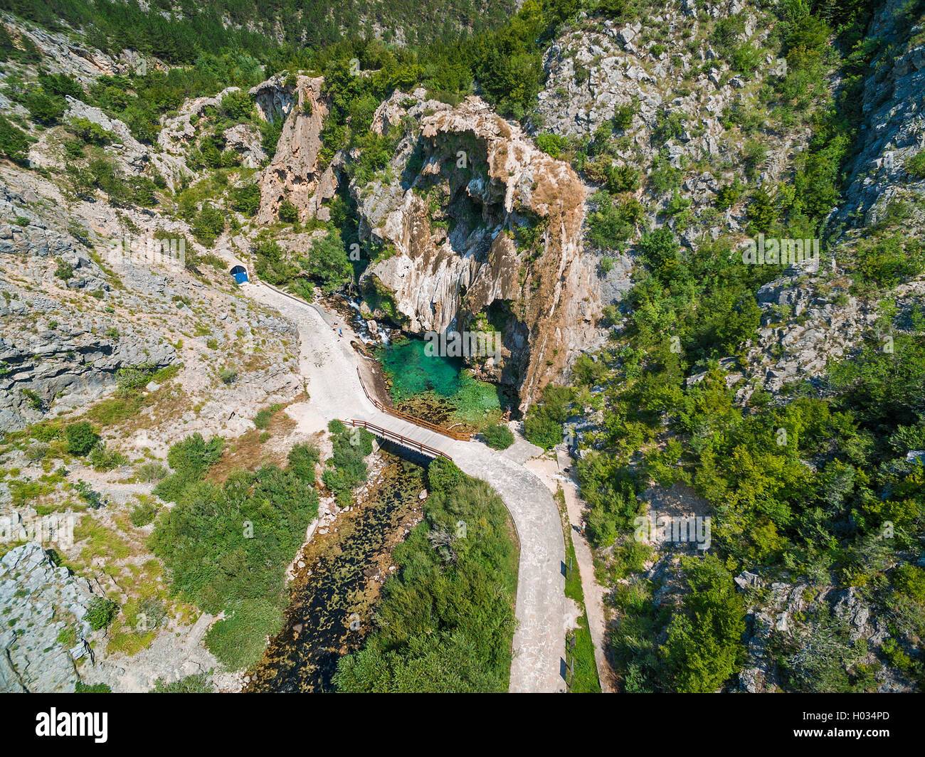 Aerial view of the bridge near Glavas source of the Cetina river ...