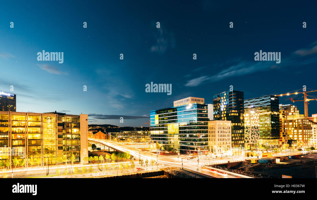 Oslo, Norway. The Night Panoramic View Of Contemporary District Of ...