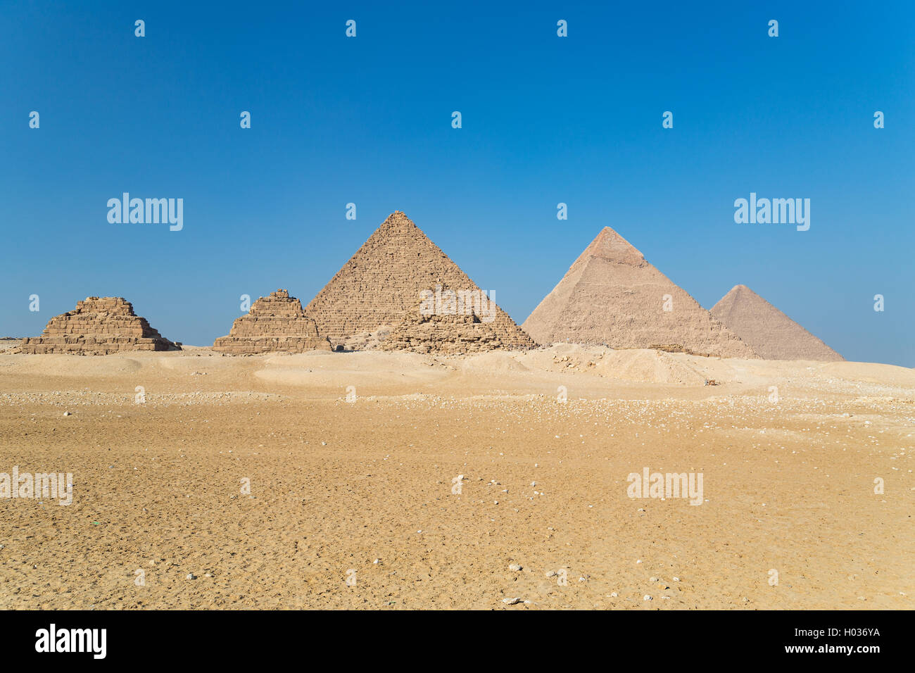 Pyramids of Giza complex ( Egypt) against the clear blue sky Stock ...