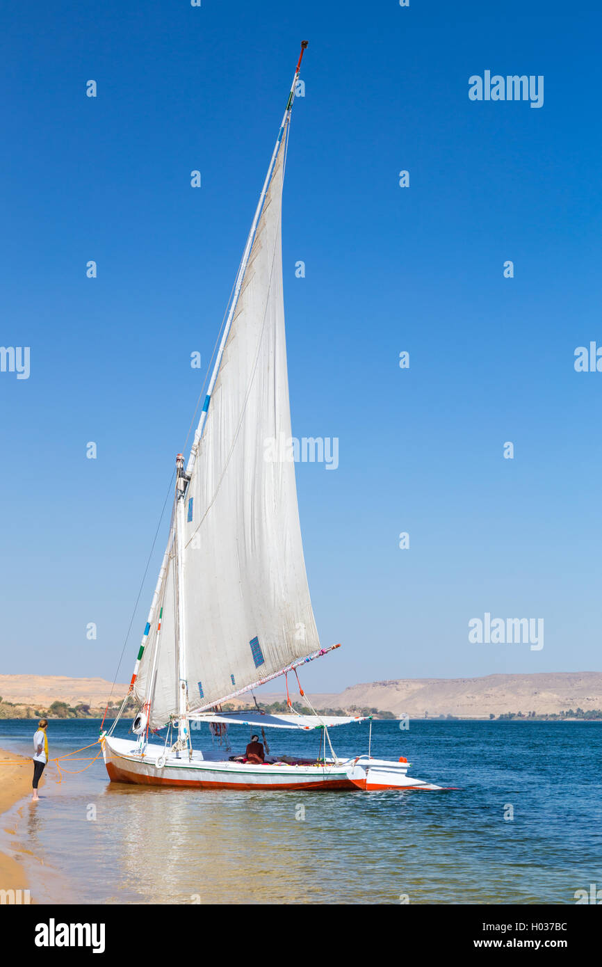 Felucca, traditional wooden sailboat on shore of Nile, Egypt Stock ...
