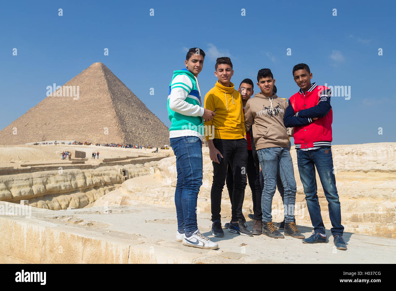 CAIRO, EGYPT - FEBRUARY 1, 2016: Group of local boys posing in front of ...