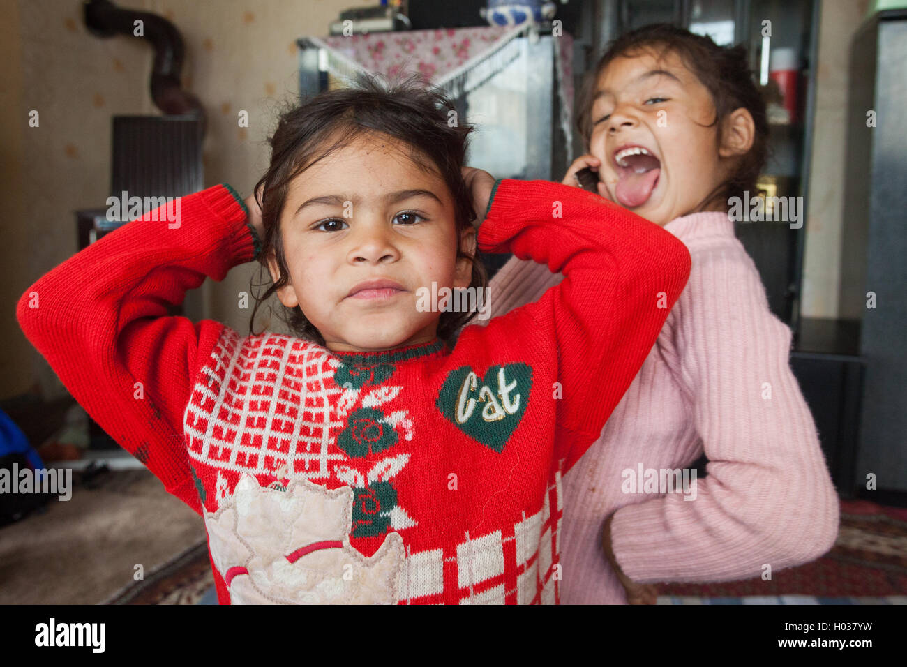 ZAGREB, CROATIA - OCTOBER 21, 2013: Portrait of little Roma girls at ...