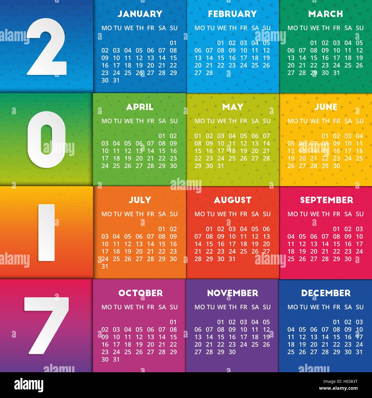 Colorful calendar 2017 design. Week starts on Monday Stock Vector Image ...