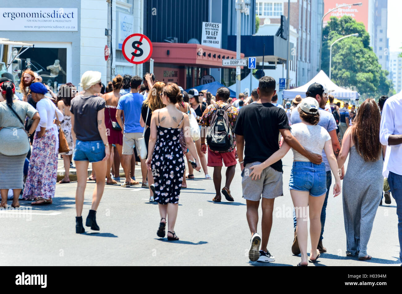 Crowd of South Africans and tourists on Bree Street, Cape Town, during ...