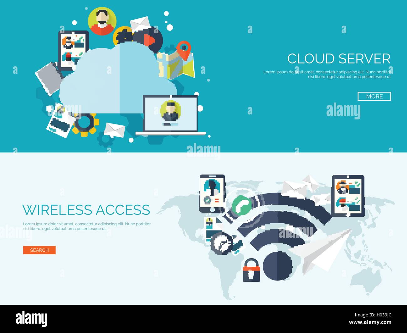 Vector illustration. Flat cloud computing background. Data storage network technology ...
