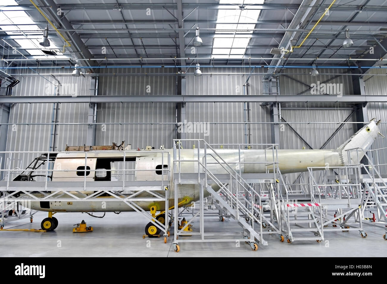 Detail with helicopter fuselage on the repair line in a factory Stock ...