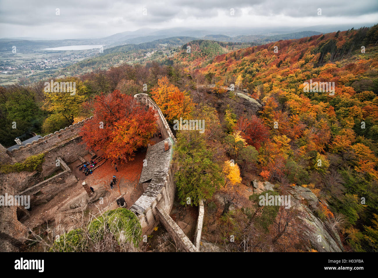 View over Chojnik Castle and autumn landscape of Lower Silesia region ...