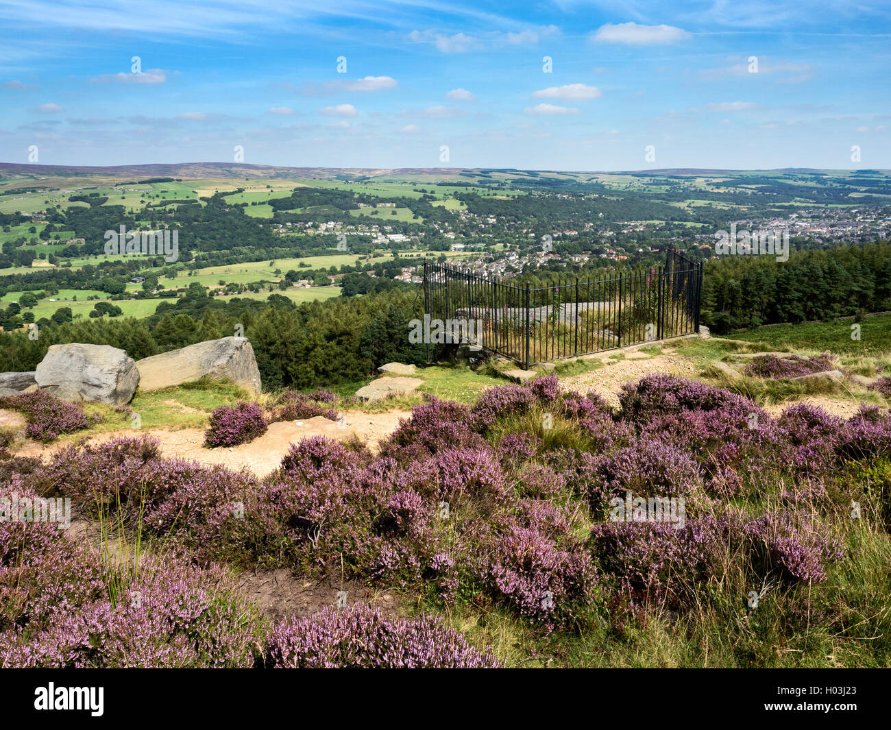 View over Ilkley from the Swastika Stone at Woodhouse Crag Ilkley Moor ...